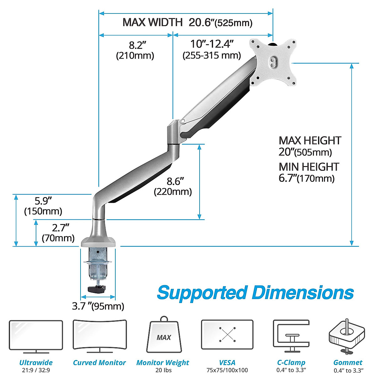 AVLT Single 13"-34" Monitor Arm Desk Mount fits One Flat/Curved/Ultrawide Monitor Full Motion Height Swivel Tilt Rotation Adjustable Monitor Arm - VESA/C-Clamp/Grommet/Cable Management