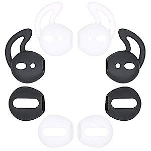 4 Pair Ear Tips Silicone Cover Compatible with AirPods, 2X Super Thin Eartips [Fit in Case] & 2X Anti-Drop Sports Ear Hook Gel [Protective & Great Noise-Isolation], White Black