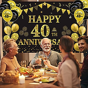 DARUNAXY 40th Wedding Anniversary Decorations, Large Happy 40th Anniversary Banner Backdrop 70 x 43 Inches, Black and Gold Party Balloons, Hanging Swirls for Indoor Outdoor Home Wall Party Supplies