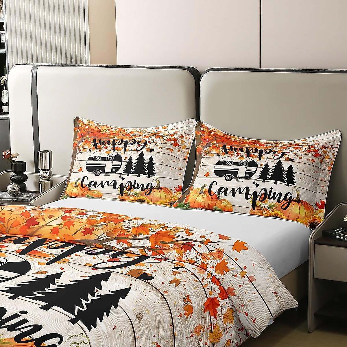 Happy Camping 100% Cotton Queen Duvet Cover Watercolor Orange Maple Leaves Pumpkin Bedding Set for Kids Teens Adults Retro Sunflowers Retro Wooden Stripes Comforter Cover,2 Pillowcases,No Comforter