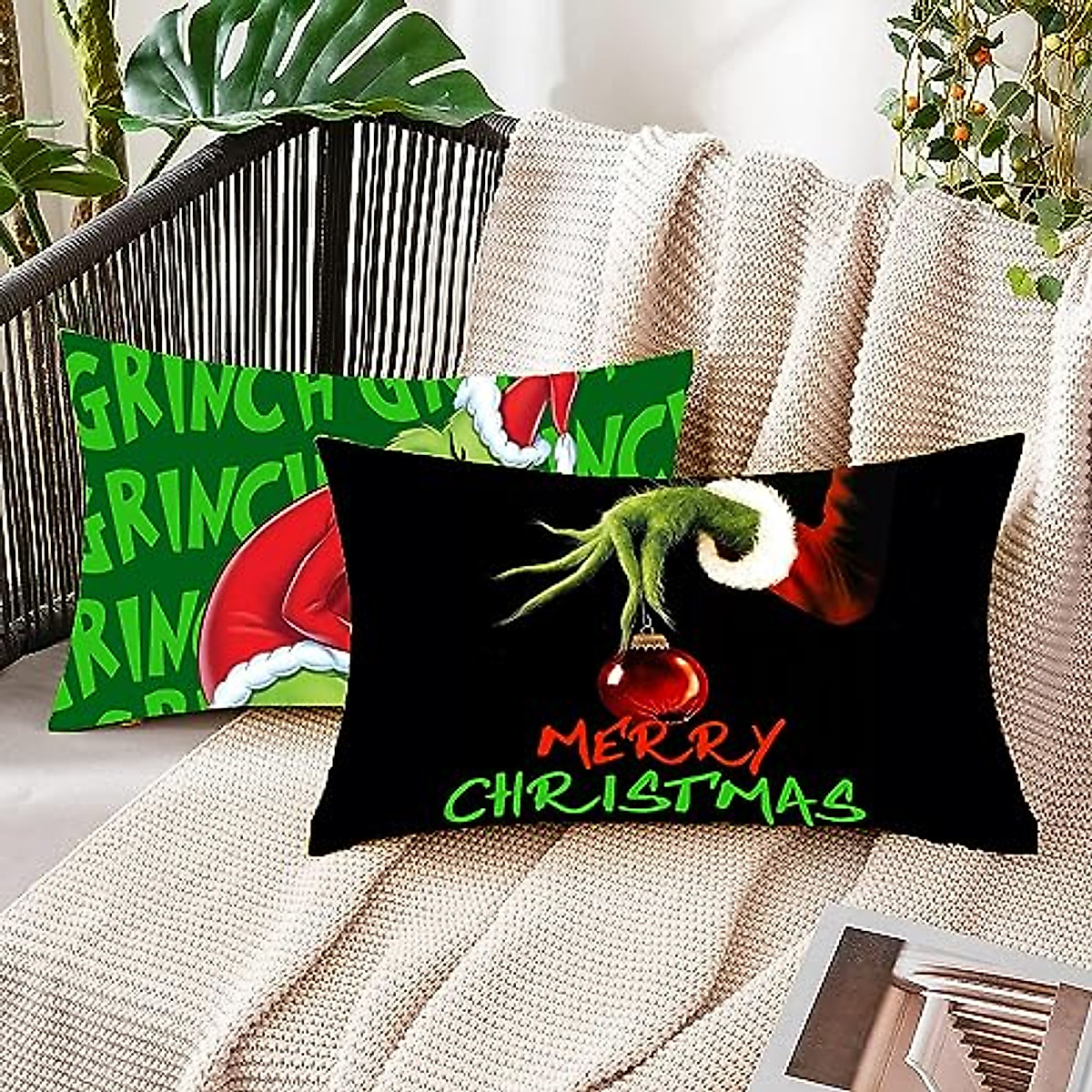 Christmas Pillow Covers 12x20 inch Set of 4 for Christmas Decorations Winter Xmas Farmhouse Pillow case, Merry Grinchmas Throw Pillow Covers Cotton Linen Pillow Case Grinch Holiday Decor for Home