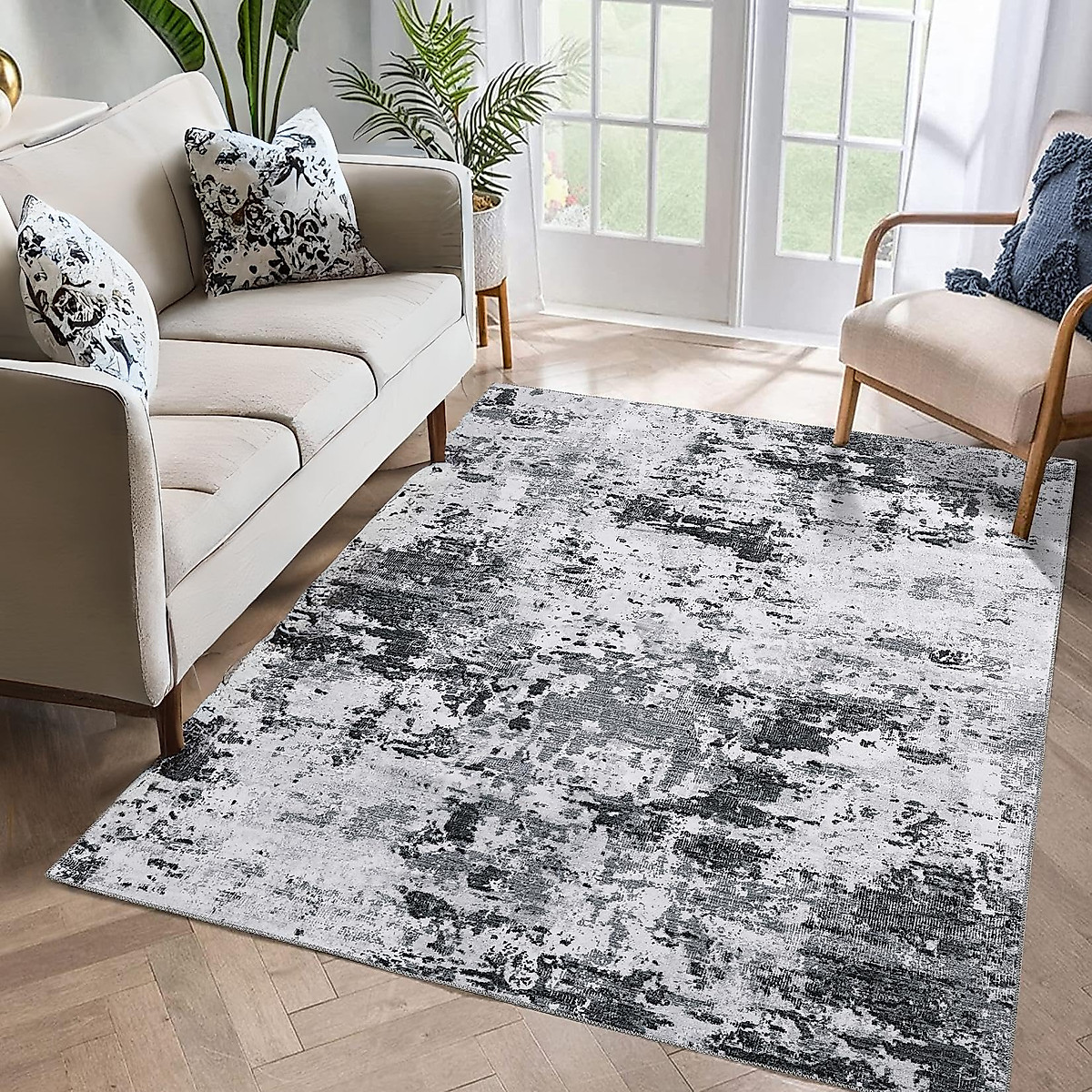 Zacoo Washable Rugs 9x12 Rug Abstract Blue Printed Rug Low Pile Large Area Rug Modern Rug Abstract Distressed Floor Mat Non Slip Area Rugs Living Room Bedroom, Grey