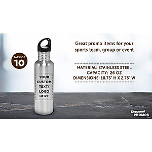 DISCOUNT PROMOS Custom Stainless Steel Water Bottles 26 oz. Set of 10, Personalized Bulk Pack - Reusable, Leak Proof, Perfect for Gym, Hiking, Camping, Outdoor Sports - Silver