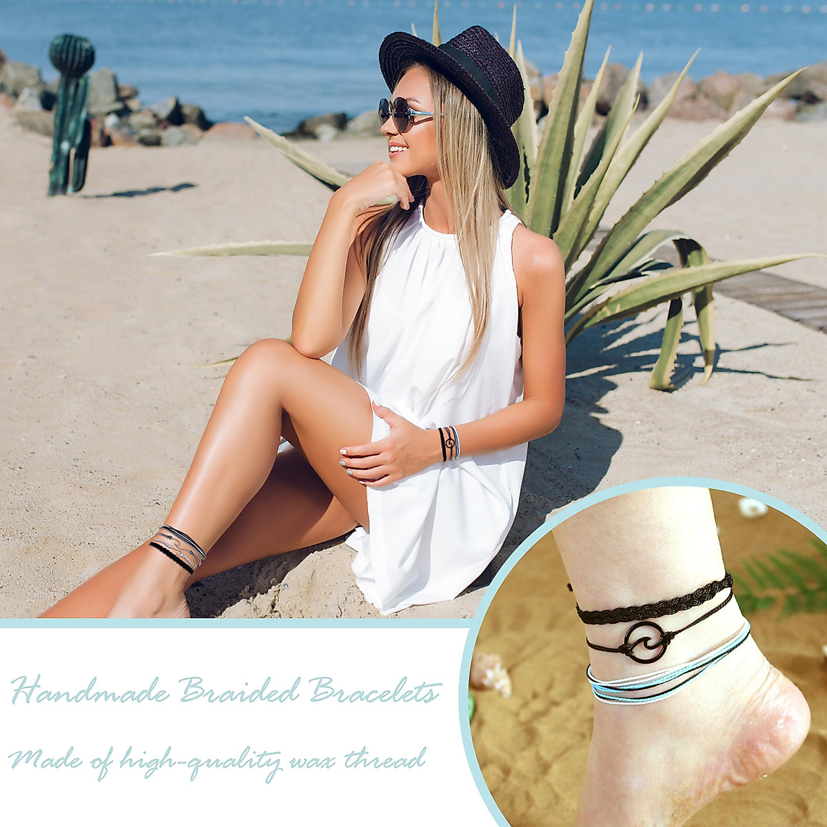 HUASAI Vsco String Bracelets for Teen Girls Women Waterproof Boho Rope Bracelets Wave Surfer Bracelets Summer Beach Anklets