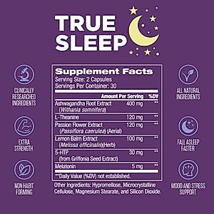 True Sleep | #1 Rated Extra Strength Natural Sleep Aid & Mood Support w/ Melatonin, Ashwagandha, 5-HTP, L-Theanine & More | Cortisol Blocker + Non Habit Forming (for Adults) 60 Capsules