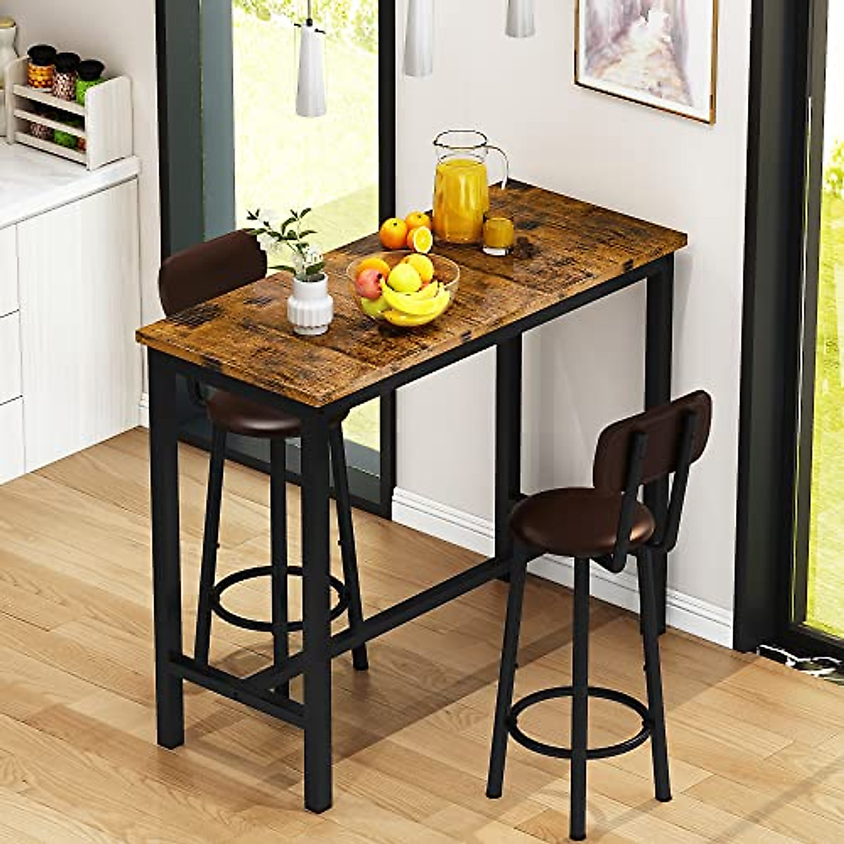 AWQM Bar Table Set of 2,39.3" Pub Height Table & 2 PU Upholstered Stools with Backrest,Industrial 3 Piece Breakfast Bar Table Sets,for Living Room,Kitchen,Bar,Rustic Brown & Black & Brown