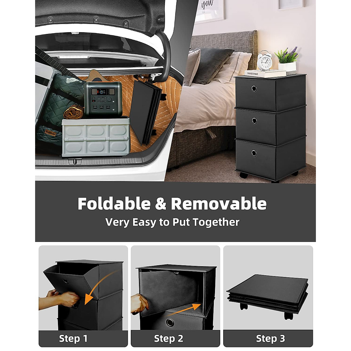 Foldable 3 Drawer Storage, Portable Fabric Storage Dresser with Wheels, 3 Drawer Organizer Easy Assembly, Space-saving Stylish Drawer Dresser for Bedroom, Closet, Entryway, Garage, Nursery, Office