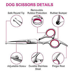 TINMARDA Grooming Scissors Kit with Safety Round Tips Stainless Steel Professional Thinning, Straight, Curved Shears and Comb for Long Short Hair for Dog Cat Pet