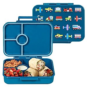 Wildkin Kids Bento Box for Boys and Girls, Features 4 Compartments, Leak Proof with Close Clasp Design, Perfect for School & Travel Bento for Kids (Trains, Planes, and Trucks)