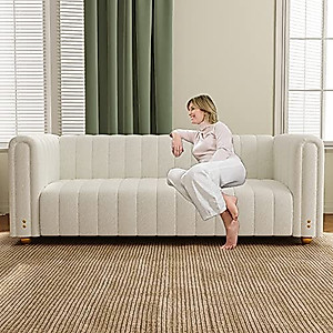 RUNOLIG Velvet Couch, Upholstered Chesterfield Sofa with Unique Level Arms and Golden Ball Legs, Comfy Couch with Vertical Stripe Style and Wooden Frame, Couches for Living Room, Apartment (White)