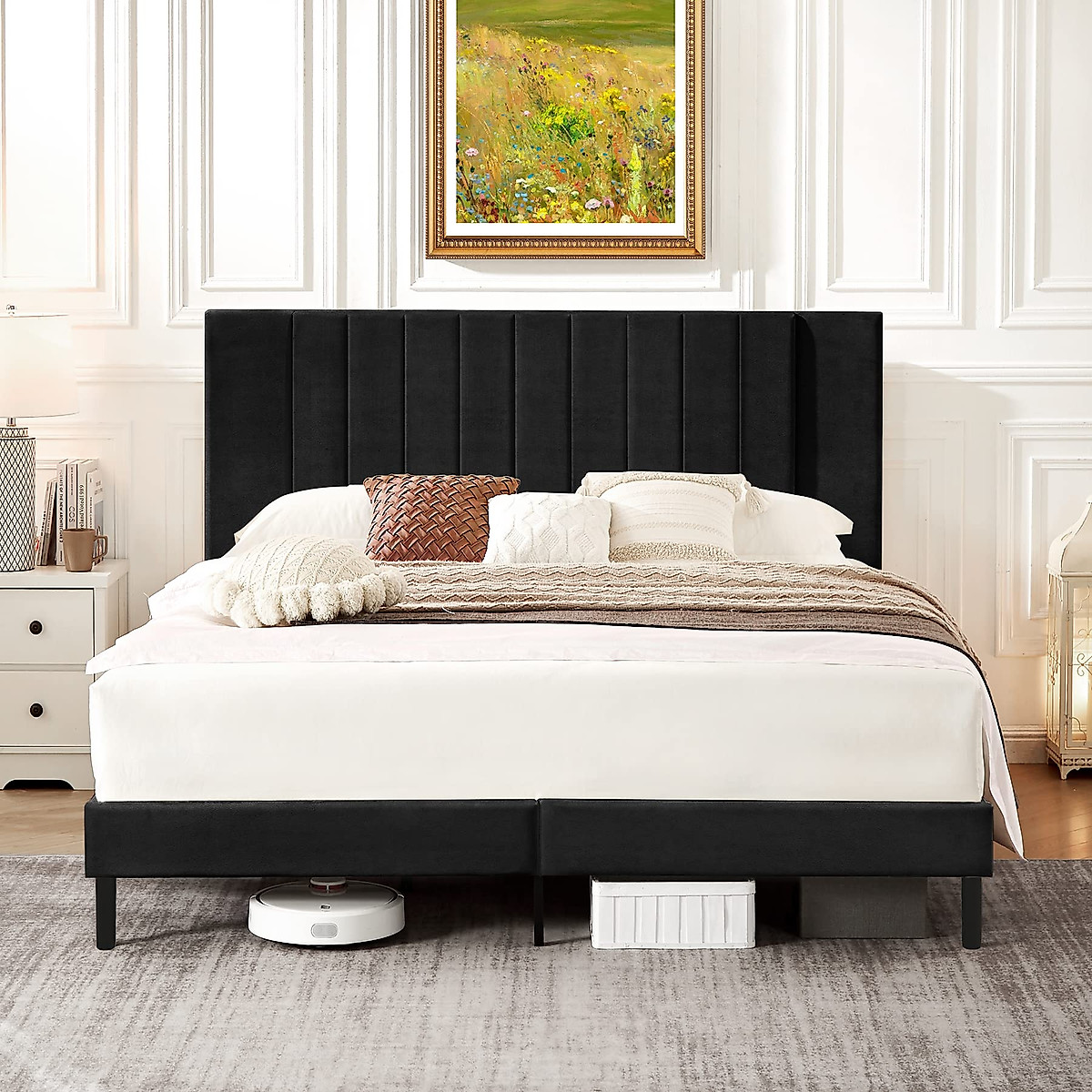 Flolinda Queen Size Platform Bed Frame with Velvet Upholstered Headboard and Wooden Slats Support, Fully Upholstered Mattress Foundation/No Box Spring Needed/Easy Assembly, Black