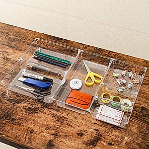 Slideep Clear Desk Drawer Organizer Trays, Dresser Desk Drawer Dividers Large Capacity Plastic Storage Bins for Cosmetic, Makeup Trays, Kitchen Gadgets, Office Accessories, 4 Different Sizes, 6 Pcs