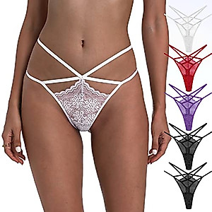 Xlndsoea Women's Sexy Cross Strap G-Strings Low Rise Lace Thong Panties Soft Exotic Underwear Pack of 5