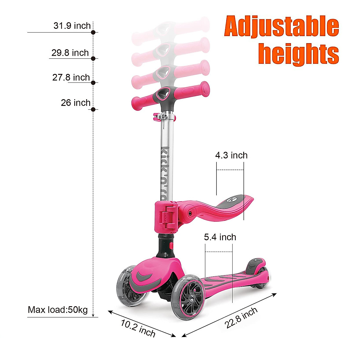 Kicknroll 3 Wheel Scooter for Kids Ages 3-5, Extra-Wide Deck Lean to Steer Foldable Toddler Scooter with Seat, 3 LED Light Wheels & 4 Adjustable Height, 110 Lbs Capacity- Pink 2 in 1 Kids Scooter