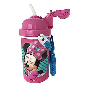 Zak Designs Disney Classic Minnie Carrying Strap One Touch Water Bottles with Reusable Built in Straw - Safe Approved BPA Free, Easy to Clean (Minnie Canteen 16.9oz)