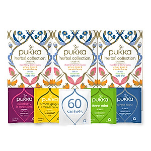Pukka Tea Variety Pack, Organic Herbal Tea Bags, Five Flavors; Elderberry & Echinacea, Lemon, Ginger & Manuka Honey, Night Time, Three Mint and Detox, (Pack of 3), 60 Tea Bags