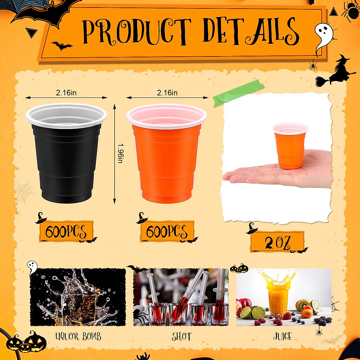Rtteri 1200 Pcs Orange and Black 2 oz Cups Bulk Halloween Mini Plastic Shot Glasses Set Disposable Small Cups for Drinking Serving Condiment Sauce Thanksgiving Christmas Birthday Party Supplies