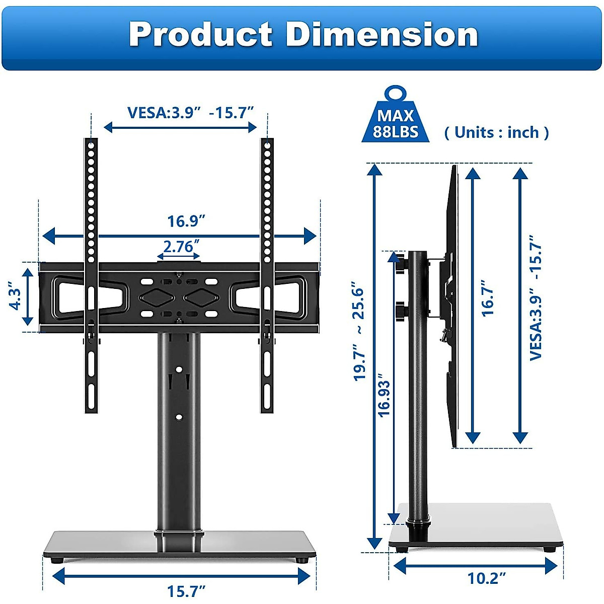 Universal Swivel TV Stand/Base Table Top TV Stand for 27 to 55 inch LCD LED TVs -Height Adjustable TV Base Stand TV Mount Stand with Tempered Glass Base & Wire Management,VESA 400x400mm