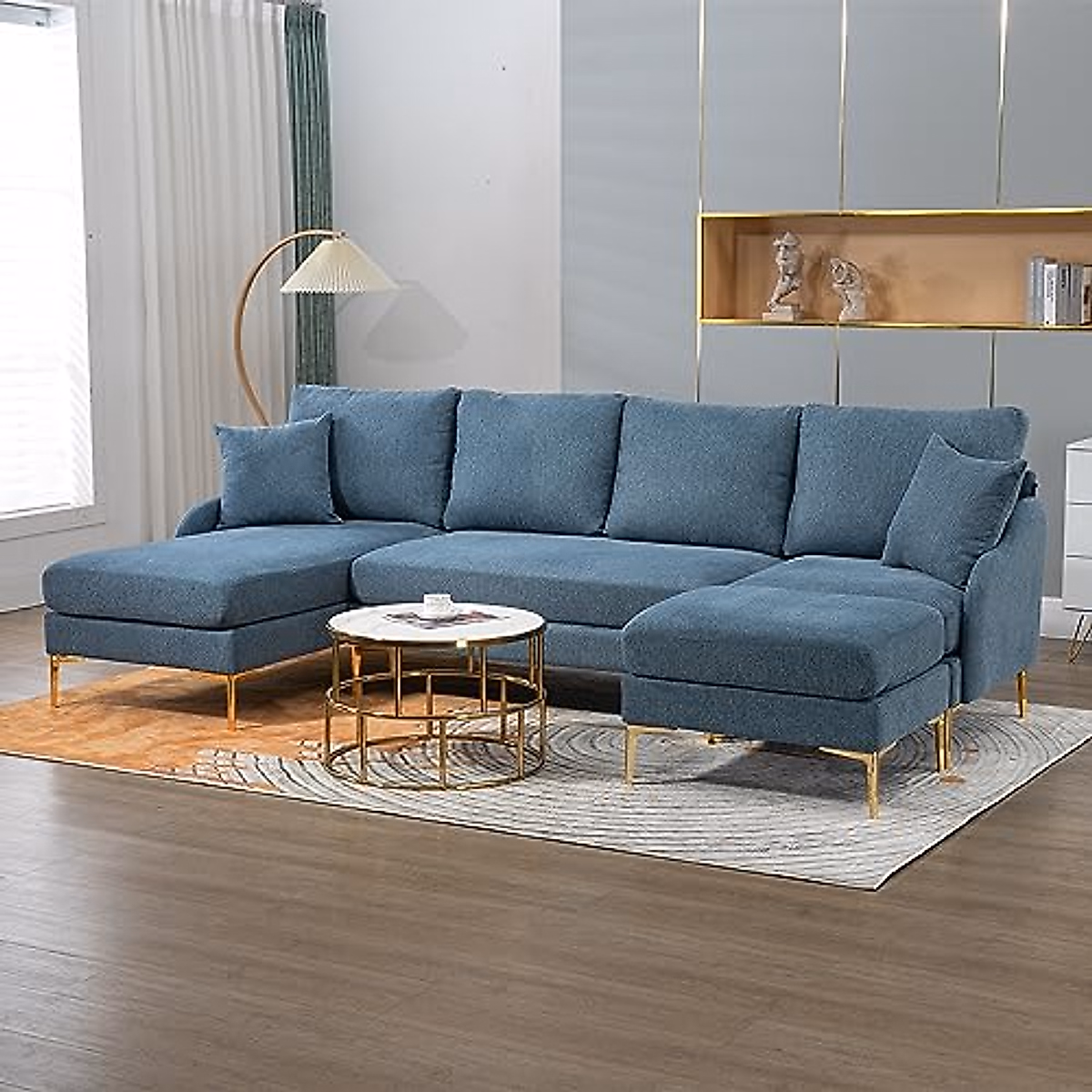 FANYE 110'' Modern Reversible Chaise Sectional U-Shaped Convertible, 4-Seat Polyester Blend Upholstered Sofa & Couch with 2 Pillows and Metal Legs for Home Apartment Office Living Room, Green, Blue