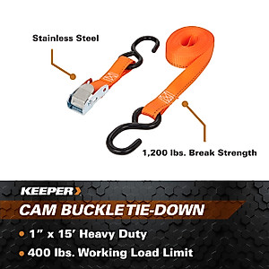 HAMPTON PROD Keeper – 1” x 15’ Heavy Duty Cam Buckle Tie-Down with S Hooks - 400 lbs. Working Load Limit and 1,200 lbs. Break Strength