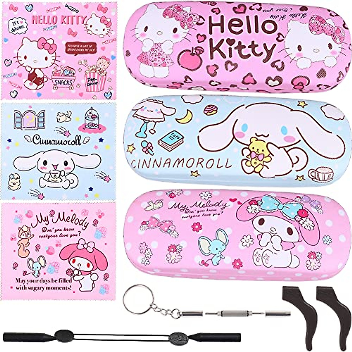 ADBGV 3Pack Cute Kitty Hard Shell Eyeglasses Cases Cartoon Protective Case with Glasses Cloth Storage Box Eyewear Retainer Holder for Girl Teen
