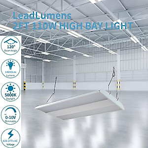 LeadLumens 4Pack 2FT 165W High Bay Light LED, Dimmable 0-10V, 22,275Lm, 120-277v AC, 400w MH Equal, 5000K Daylight Linear Hanging Light for Warehouse Workshop Gyms