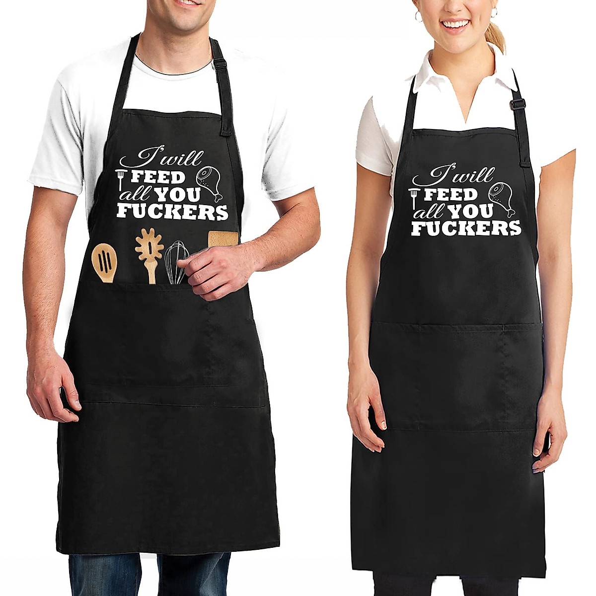 KITCHEPOOL Funny Apron for Men, Chef Aprons for Women with 3 Pockets, Adjustable Bid Kitchen Aprons for Chef, Cooking Apron for BBQ, Baking - I Will Feed You