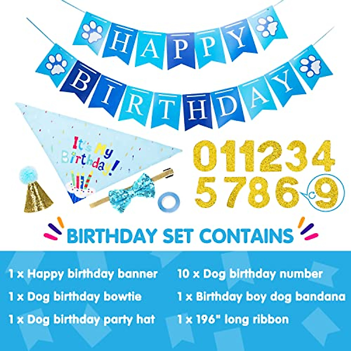 Nobleza Dog Birthday Party Supplies, Dog Birthday Hat Bandana Scarf with Cute Dog Bow Tie, Banner, Dog First Birthday Boy Outfit for Pet Puppy Cat Blue