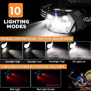 PLUSINTO 9 LED Headlamp Rechargeable 2 Pack, 2000 Lumens Super Bright Head Lamp with Red Light, 10 Modes, Motion Sensor and Adjustable, IPX5 Waterproof Headlight for Camping Hiking Running