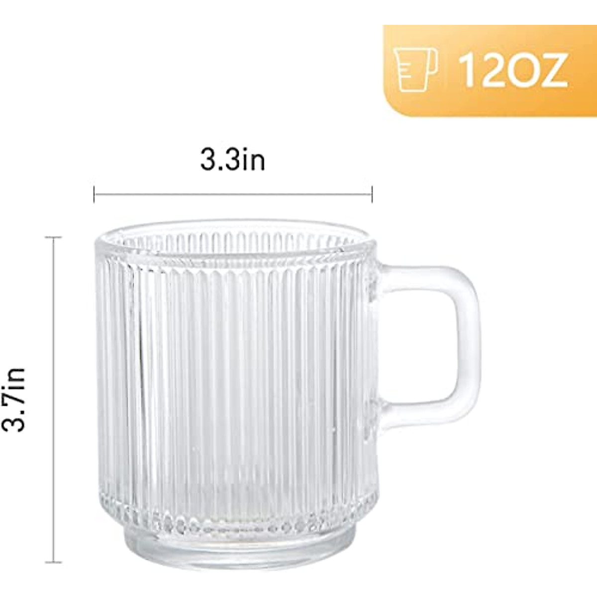 [6 PACK, 12 OZ] DESIGN•MASTER Premium Glass Coffee Mugs with Handle, Classic Vertical Stripes Tea Cup,Transparent Tea Glasses for Hot/Cold Beverages.