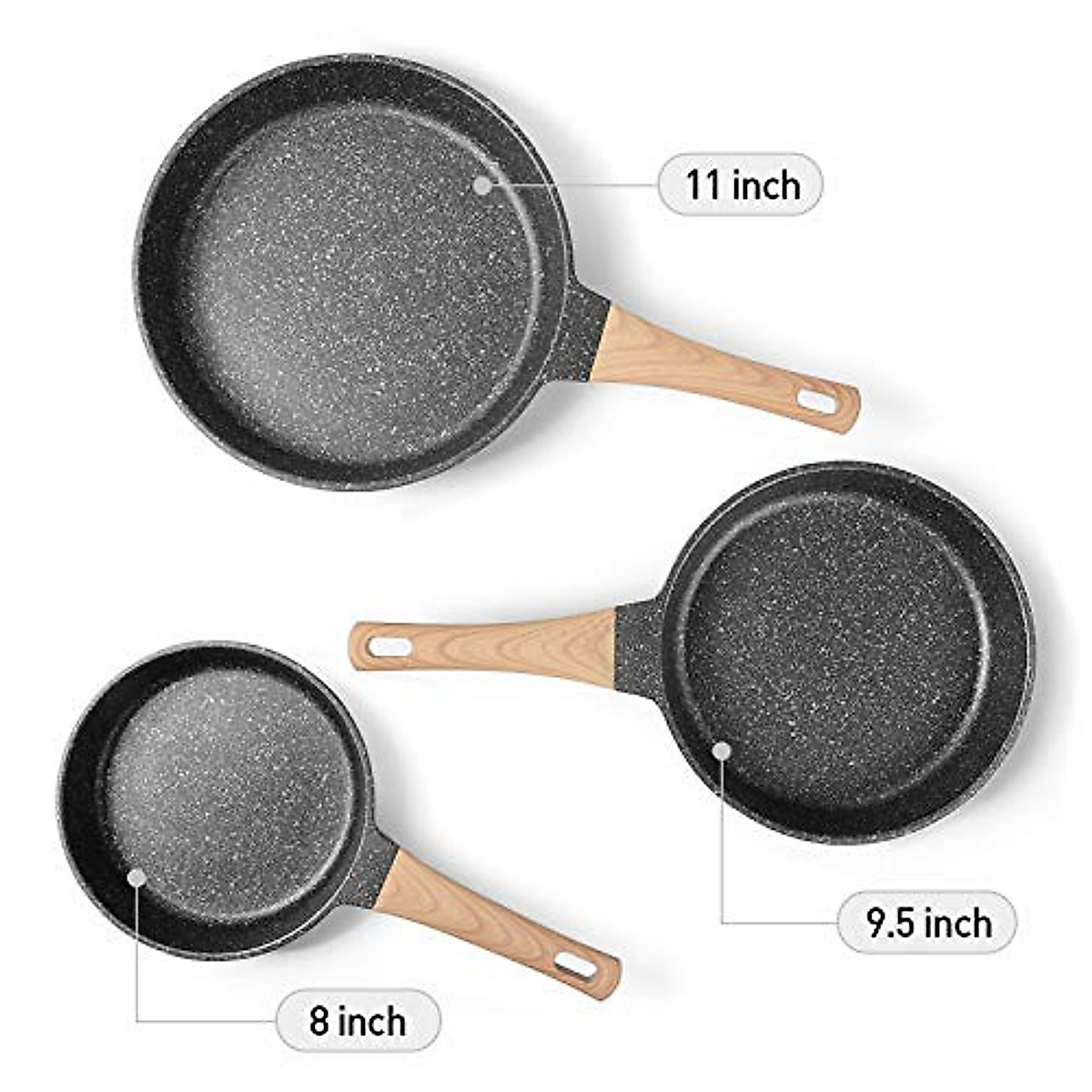 YIIFEEO Nonstick Frying Pan Set, Granite Skillet Set with 100% PFOA Free, Omelette Pan Cookware Set with Heat-Resistant Handle, Induction Compatible, Christmas Gift for Women (8inch&9.5inch&11inch)