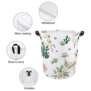 Cactus Floral Llama White Storage Basket Bin, Round Laundry Bakset Hamper Collapsible Nursery Bin with Handle for Clothes Toys Books Home Decor
