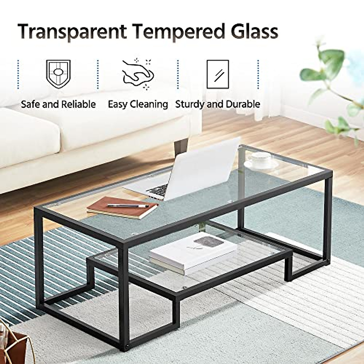 Yaheetech Coffee Table, Tempered Glass Coffee Table, Modern Simple Center Table w/Geometric-Inspired Design & Metal-Frame & Easy Assembly & Open Storage Shelf for Living Room, Office, Black