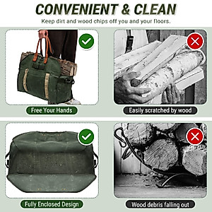 EIVOTOR Multifunction Firewood Carrier Bag, Extra Large Waxed Canvas Wood Log Carrier for Firewood with Soft Handles and Adjustable Shoulder Strap, Firewood Holder Tote Bag for Indoor Home or Camping