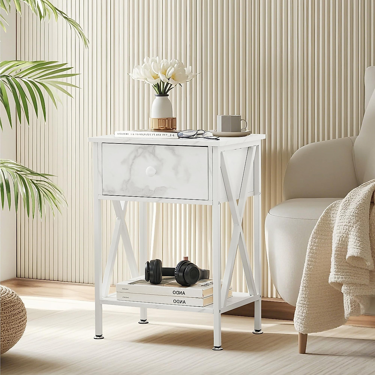 VECELO Modern Side End Table, Nightstand Storage Shelf with Bin Drawer for Bedroom, Lounge