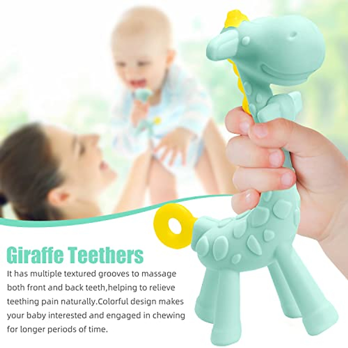 SHARE&CARE BPA Free Silicone Giraffe Baby Teether Toy with Storage Case, for 3 Months Above Infant Sore Gums Pain Relief and Baby Shower, Baby Teething Toys (Light Green)