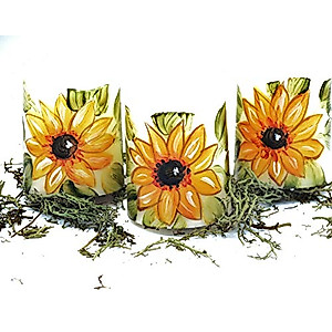 Decorative Small 1 1/2 Inch Off White Plastic Battery Operated Flameless Flickering Flame Votive Candles Set of Three with Hand Painted Sunflowers Boho Decor Goddess Arts Collection