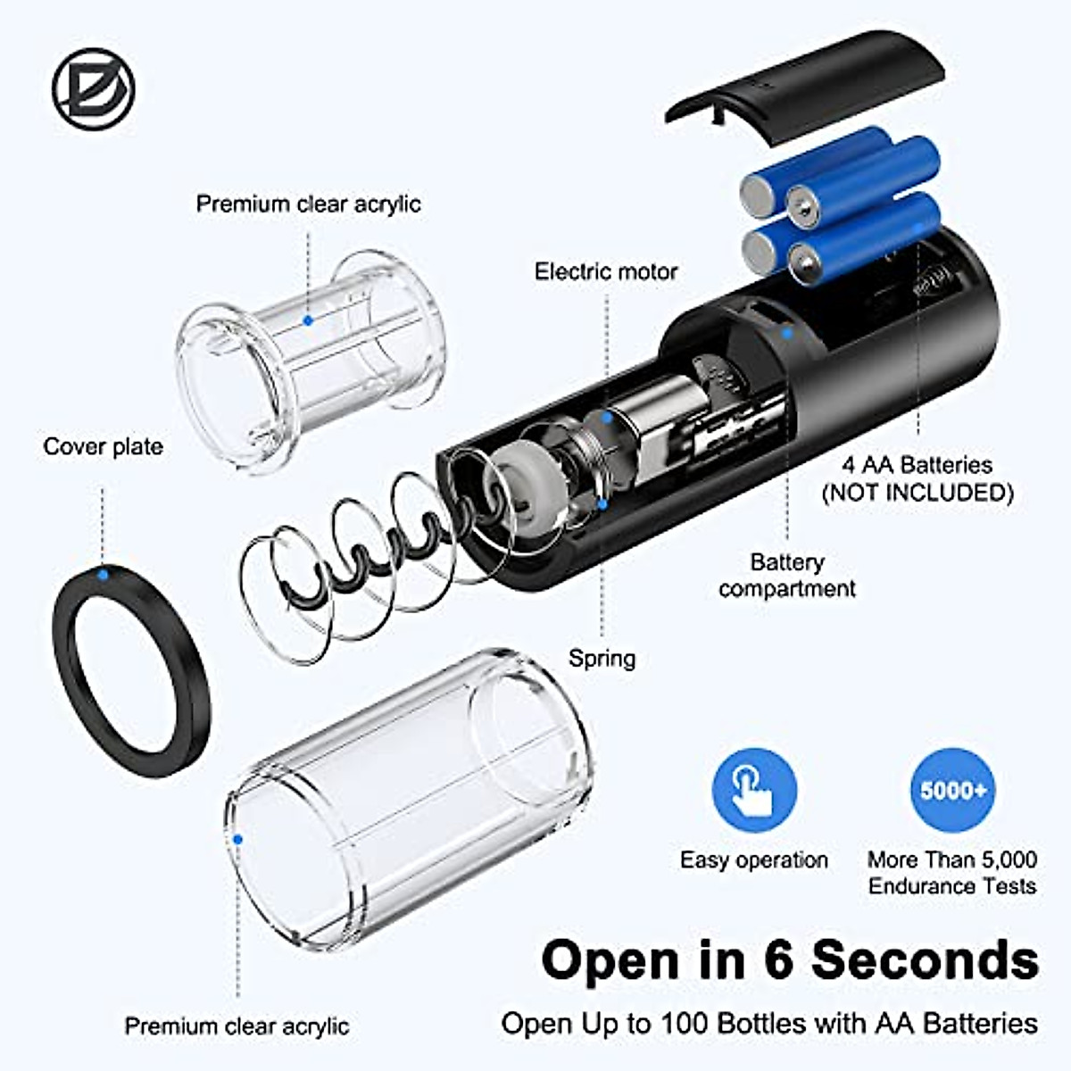 D Electric Wine Opener Automatic Battery Operated Wine Bottle Opener Set, Reusable Corkscrew Cordless Remover 5 Pcs Kit with Wine Pourer, Foil Cutter Wine Stopper for Wine Lovers Housewarming Gifts