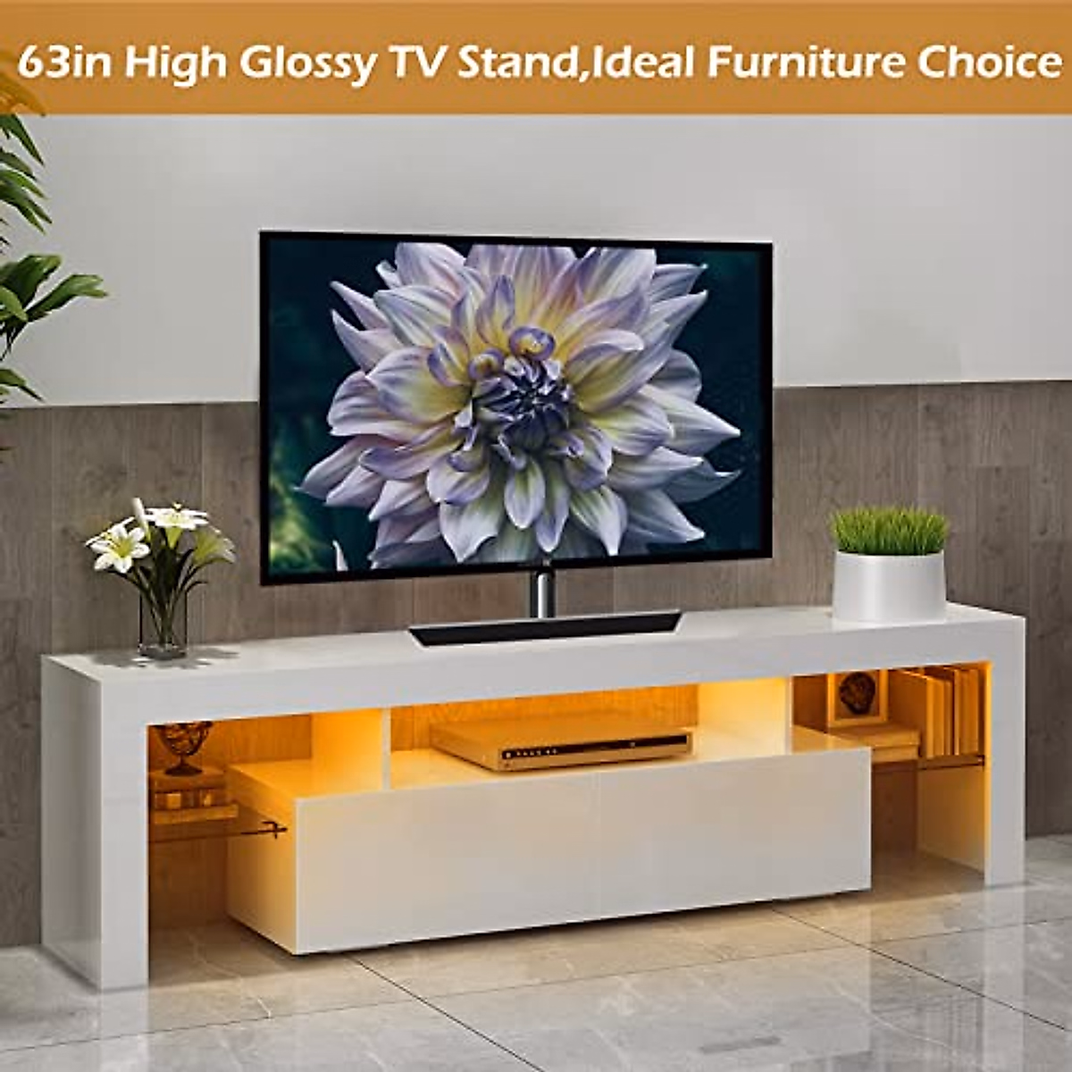HAKFOO Modern LED TV Stand for 65/55 inch TV, Modern Entertainment Center with 1-2 Storage Drawers, High Gloss Television Stand for Living Room, APP/Remote RGB Light (White, 63inch)