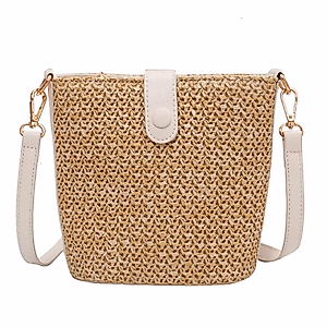 Gogobear Women Small Straw Crossbody Bag Summer Woven Bucket Bag Handmade Purse Clutch Bag for Travel Vacation,White