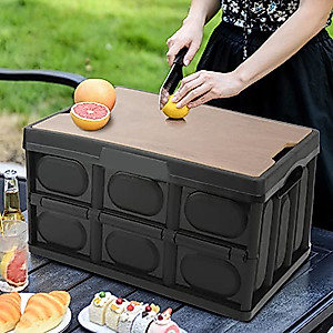 Folding Storage Box, Storage Box Removable 30L Portable Safe Thicken Multifunctional with Wooden Panel for Outdoor(Black)