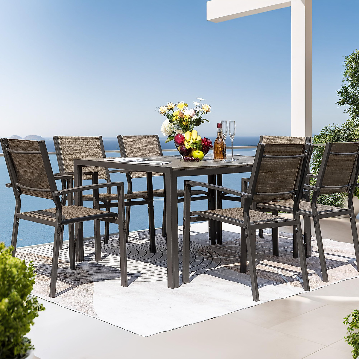 JUMMICO Outdoor Dining Set 7 Piece Patio Furniture Set with Weather Resistant Table and 6 Textilene Chairs for Yard, Deck and Poolside (Brown)