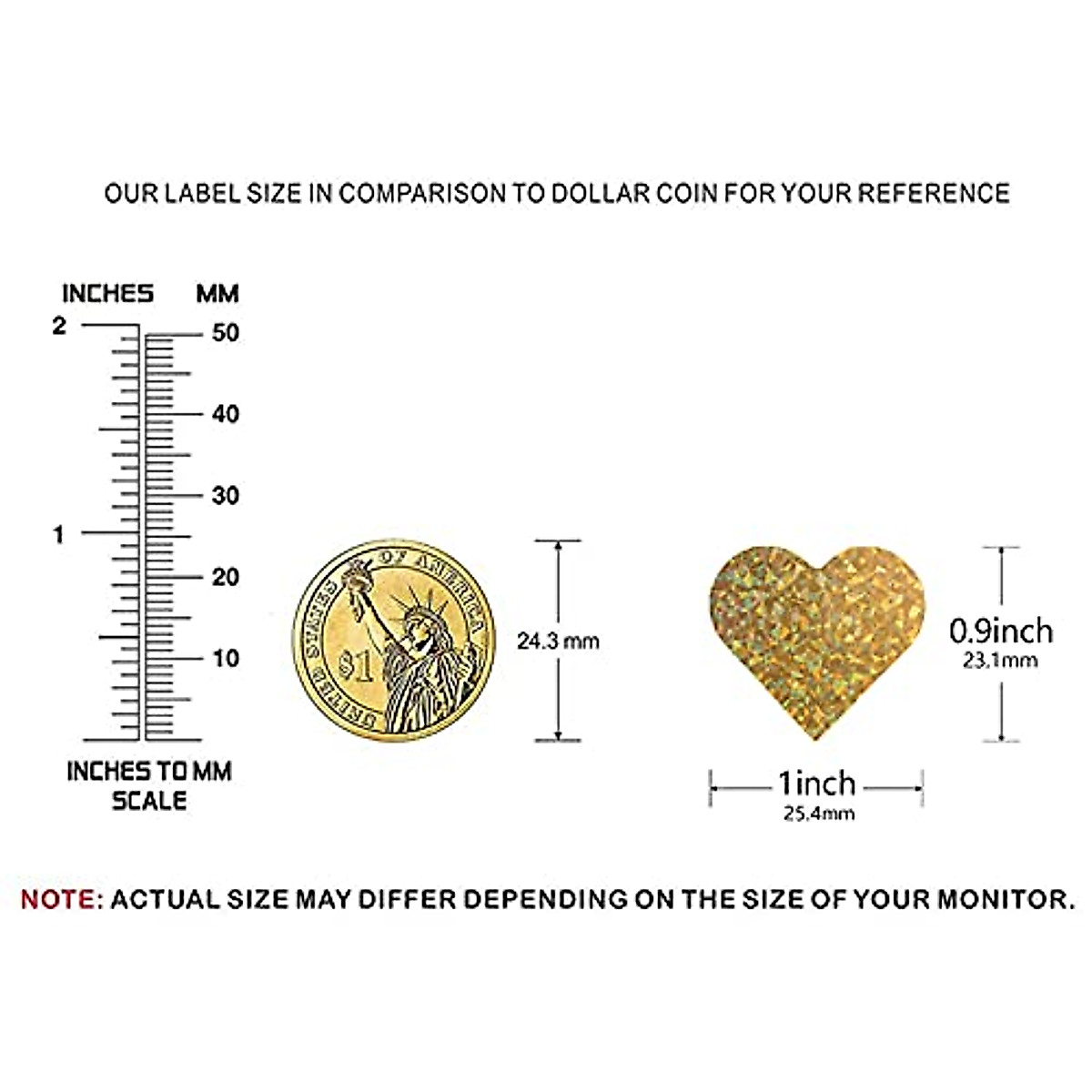 Mercei 1"(2.5cm) Gold Heart Stickers with Glitter Holographic Gravel Pattern, 500 pcs Sparkling Adhesive Heart Sticker Labels per Roll, Love Stickers for Personal and Business Use