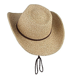 Western Cowboy Hat with String for Women Men Foldable Summer Sun Protection Straw Beach Hats with Wide Brim Beige