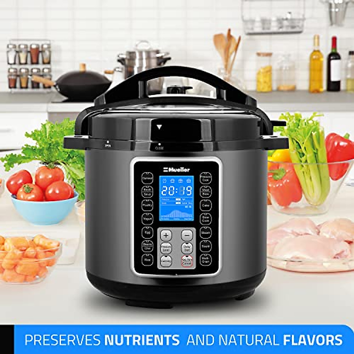 Mueller 6 Quart Pressure Cooker 10 in 1, Cook 2 Dishes at Once, Tempered Glass Lid incl, Saute,  Slow Cooker, Rice Cooker, Yogurt Maker and Much More