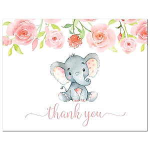 50 Pink Watercolor Floral Elephant Baby Shower Thank You Cards + Envelopes