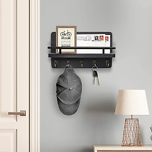 Key Holder and Mail Shelf Wall Mounted, Decorative Wall Mail Organizer with Shelf, Wood Hanging Mail Sorter Shelf with 5 Key Hooks, 100% Pine Wood Letter, Bill and Newspaper Storage Shelf (Black)