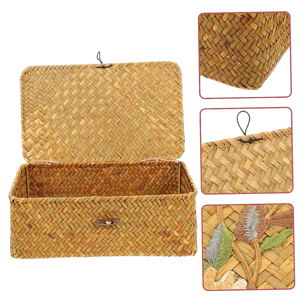STOBAZA Rattan Storage Box Straw Embroidery Gift Box Simple Woven Basket Iron Lidded Box Rattan Basket