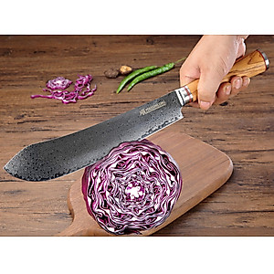 YOUSUNLONG Breaking Knife Bull Nose Pro Butcher Knife 10 Inch Japanese Damascus Steel Italian Olive Wood Handle with Leather Sheath