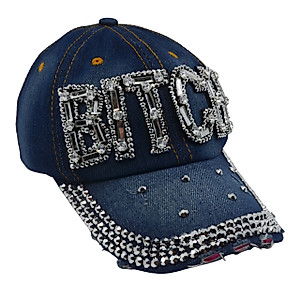 Popfizzy Bling Bitch Hat for Women Rhinestone Hat, Bedazzled Baseball Caps, Distressed Hat, Sparkle Studded Denim Ball Caps (Bitch)